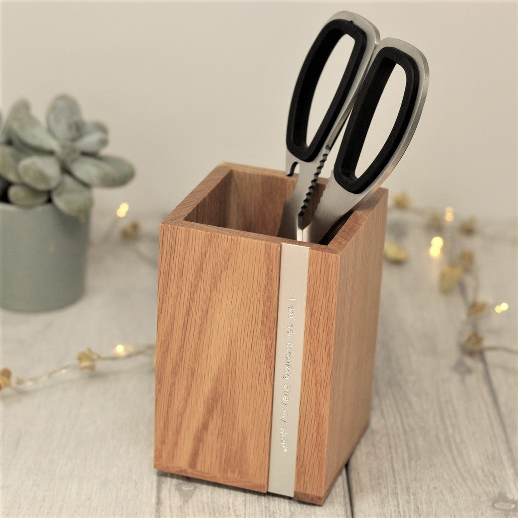 Desk Tidy or Kitchen Tidy - Solid Oak with Engraved Aluminium Insert ...